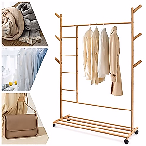43.3" Bamboo Clothing Garment Rack, Clothes Coat Hanger w/6 Side Hooks Combo, Free Standing Closet Organizer Rack Entryway Bedroom Storage Shelves Clothes Hanging Rack With 360°Rotation Roller Wheels
