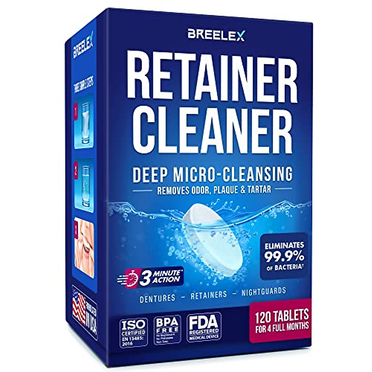 Denture Cleaning Tablets - Retainer Cleaner for Aligner, Mouth & Night Guard - 120 Pack, 4 Month Supply - Dental Cleanser for Nightguards & Mouthguards - Fresh in 3 Minutes - Removes Odor & Plaque