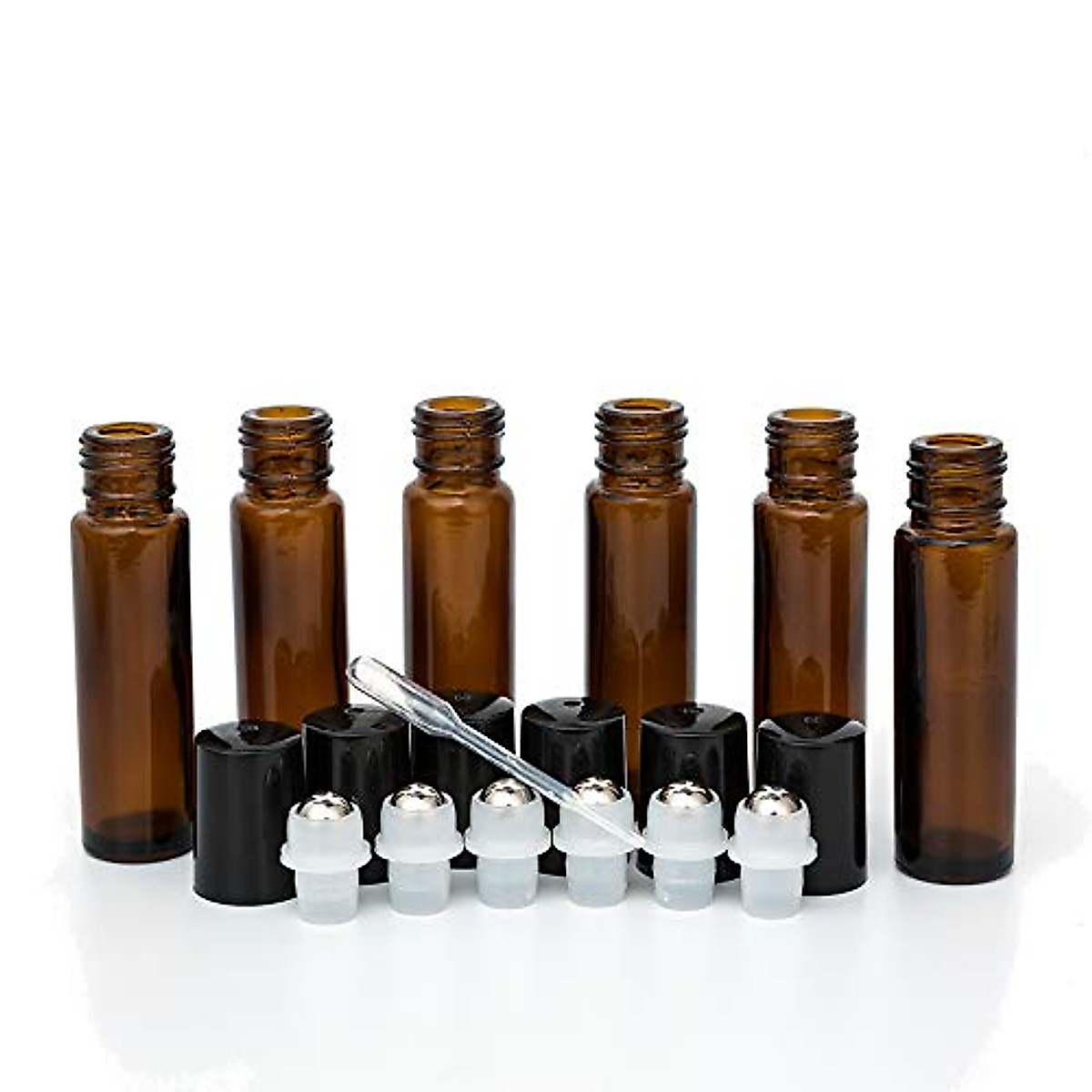ZEJIA 10ml Roller Bottles 6Pack Amber Thick Glass Essential Oil Roller Bottles Stainless Steel Roller Ball with 2 Droppers