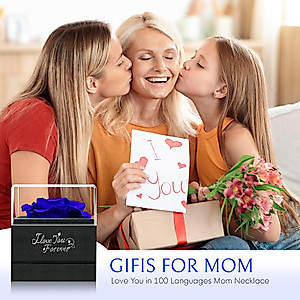 WILDLOVE Preserved Real Red Rose with Necklace in 100 Languages, Gifts for Mom Girlfriend Wife and Grandma on Mothers Day, Anniversary Birthday Gifts for Women