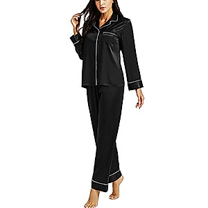 Womens Silk Satin Pajamas Set Sleepwear Loungewear Black L
