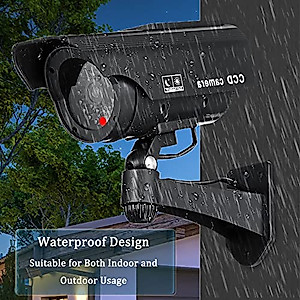 YSUCAU Solar Powered Bullet Dummy Fake Simulated Surveillance Security CCTV Dome Camera Indoor/Outdoor Use with Flashing Red LED Light & Warning Security Alert Sticker Decal, 2 Packs, Black