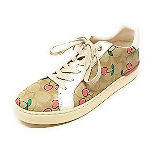 COACH Women's Clip Low Top Sneakers (Signature Canvas - Heart Cherry Print - Khaki/Pink, us_Footwear_Size_System, Adult, Women, Numeric, Medium, Numeric_9)
