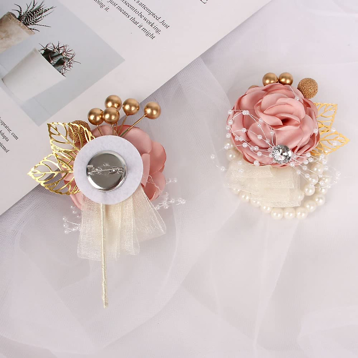 WANLIAN Rose Wrist Corsage Wristlet Band Bracelet Boutonniere,Wrist Corsage Hand Flowers Decor for Wedding Bridal Prom Party Accessories (Pink)