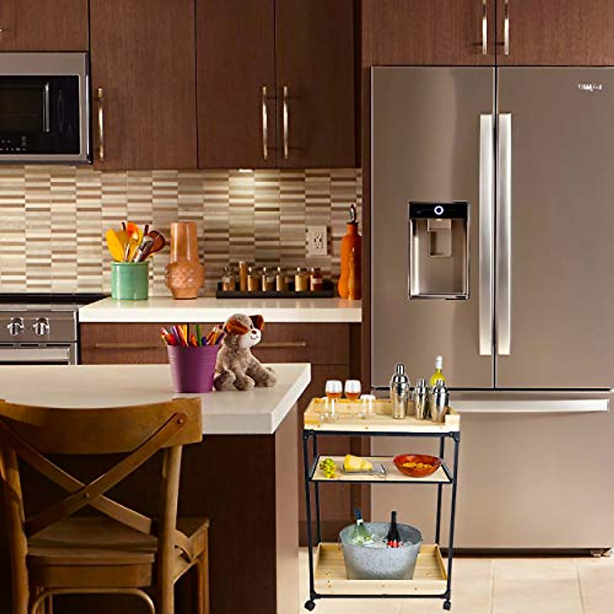 Mind Reader 3-Tier Rolling Beverage Utility Pull-Out Shelf, Kitchen Bar Serving Cart, Steel, Wood, Black