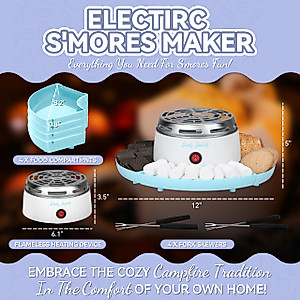 Party Desserts Electric Smores Maker Tabletop Indoor Kit, Indoor Marshmallow Roaster, Smores Station with 4 Compartment Trays & 4 Forks, Great Gift for Adults and Kids in Holidays and Parties (Blue)
