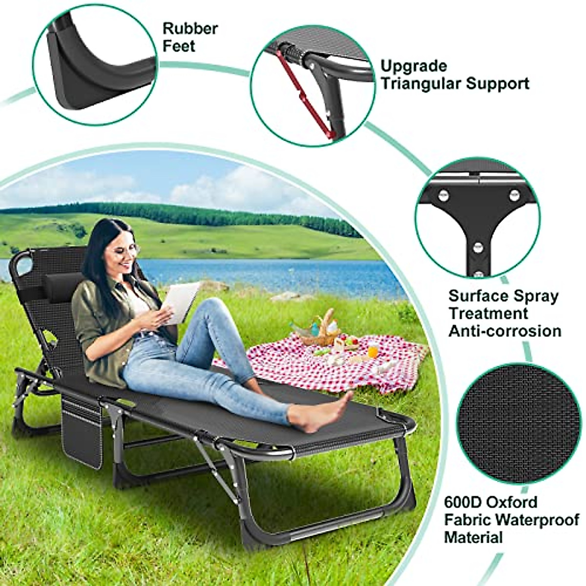 LILYPELLE Folding Outside Chaise Lounge Chair with Mattress, 5 Position Adjustable Patio Folding Lounge Chair Reclining Chairs Perfect for Sunbathing, Camping, Pool, Beach, Patio