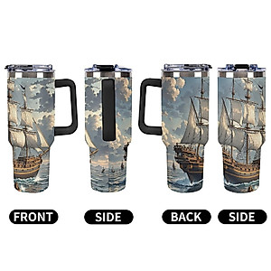 Nautical Sailing Pirate Ship 40 Oz Stainless Steel Tumbler with Handle & Straw Double-Walled Vacuum Insulated Travel Mug for Hot/Cold Drinks, Reusable Thermal Cup for Car Cup Holder