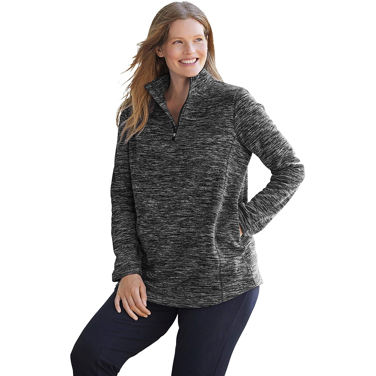 Woman Within Women's Plus Size Microfleece Quarter-Zip Pullover - 3X, Black Marled