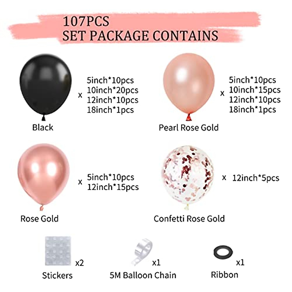 GREMAG Black and Rose Gold Balloon Arch, 107PCS Black Balloons Garland Kit with Pearl Metallic Confetti Rose Gold Various Size Balloons, for Graduation Baby Shower Birthday Party Wedding Decorations