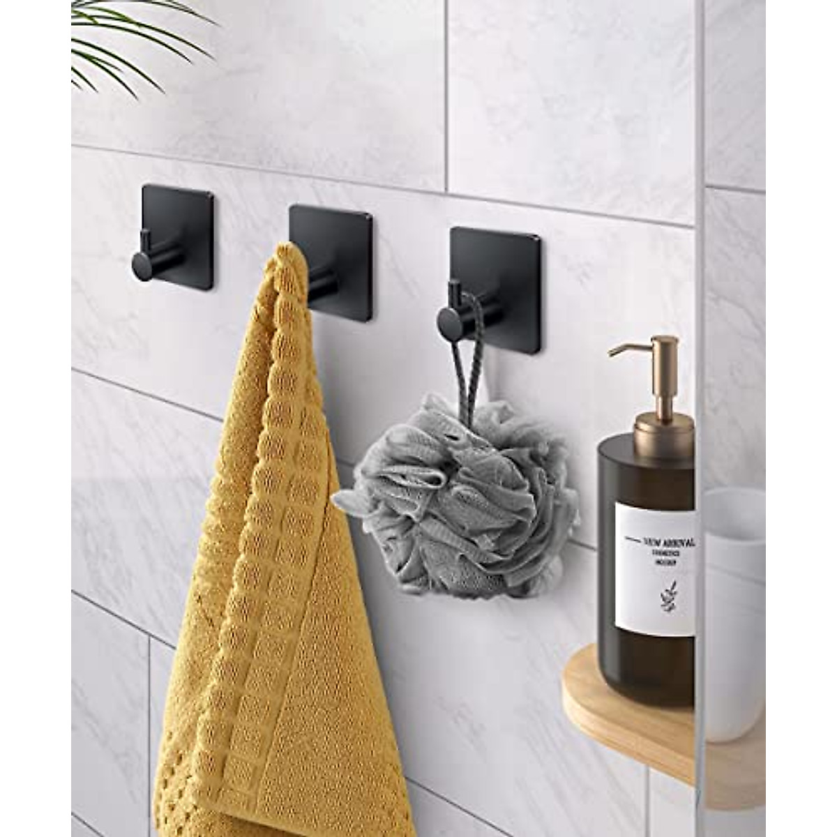 xdgeLoad Adhesive Hooks Black Matte Towel Hooks 4 Packs, Heavy Duty Waterproof Stainless Steel Wall Hooks, Stick on Hooks for Hanging Coat/Hat/Towel/Bathrobe/Key