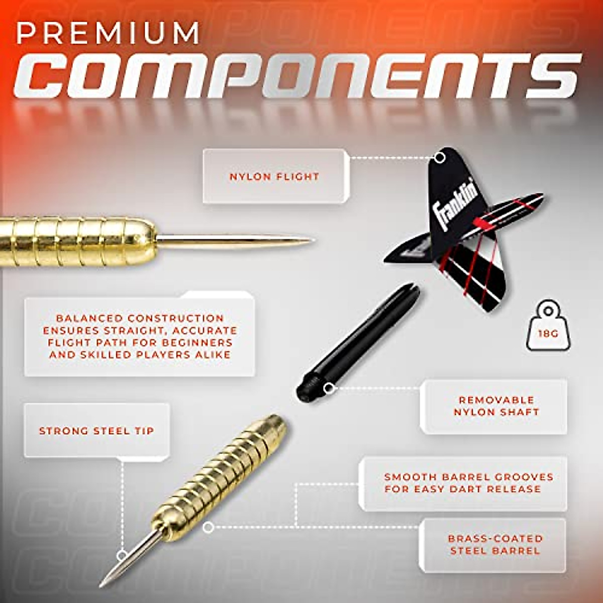 Franklin Sports Steel Tip Darts Set - 6 Pack of 18 Gram Steel Darts - Removable Standard Nylon Flights and Brass Barrels - Lightweight Full Dart Set, Red/Black