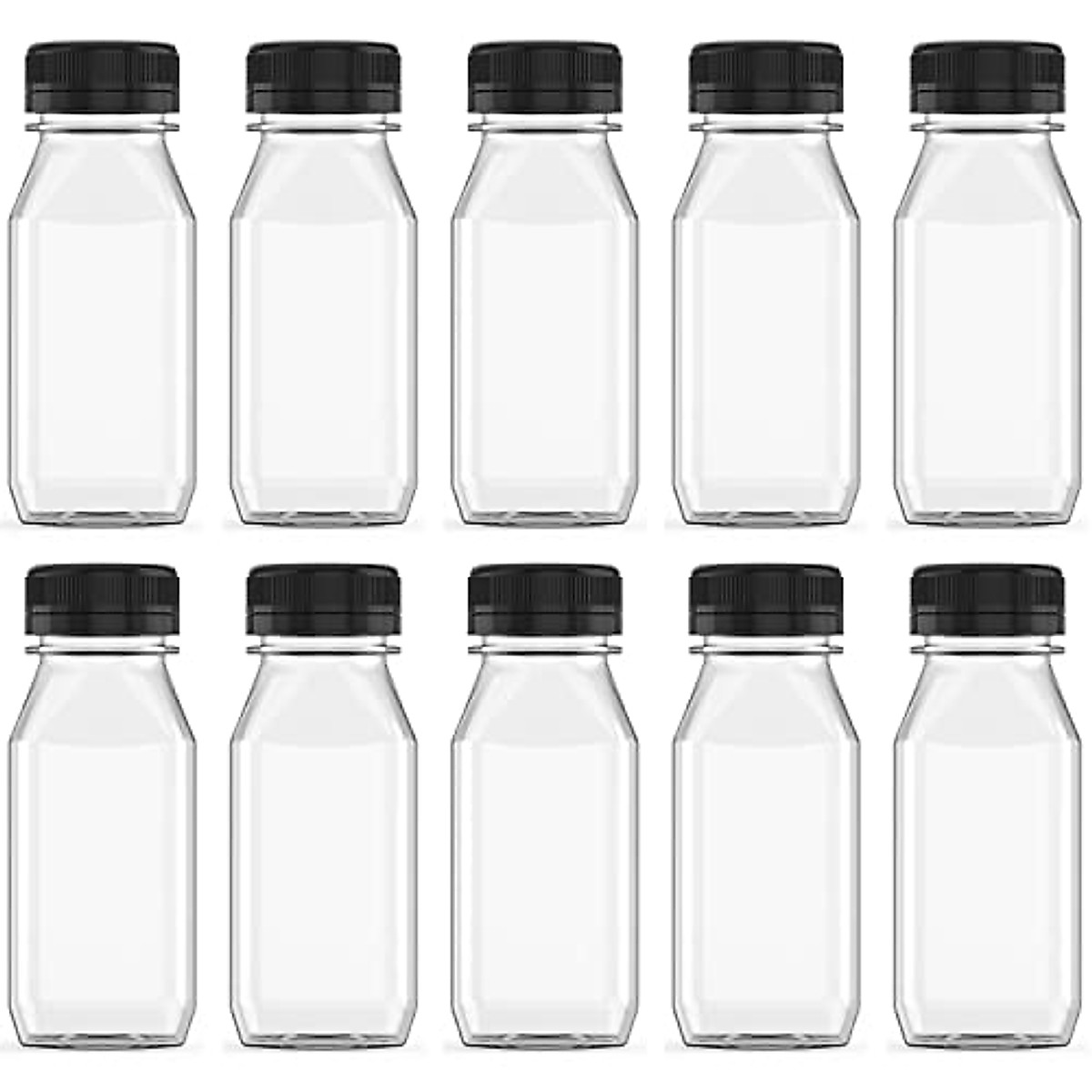 Hulless 10 Pcs 5 Ounce Plastic Juice Bottle Drink Containers Juicing Bottles with Black Lids, Suitable for Juice, Smoothies, Milk and Homemade Beverages