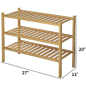 ROMGUAR CRAFT 3 Tier Bamboo Shoe Rack for Closet Free Standing Wood Shoe Shelf for Entryway Small Space Stackable 27"x11"x20" (Natural)