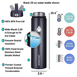 SENDESTAR Stainless Steel Water Bottle, Wide Mouth 24 oz Water Bottle with Straw Lid, Spout Lid, Double Wall Vacuum Insulated Leak Proof, Keeps Liquids Hot or Cold (Black)