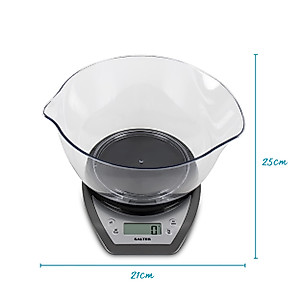 Salter 1024 SVDR14 Digital Kitchen Scale with Bowl- 2L Dishwasher Safe Mixing Bowl, Easy Dual Pour Wide & Narrow Spouts, Measure Liquids, Add & Weigh Function, Easy Read Display, 5kg Capacity, Silver