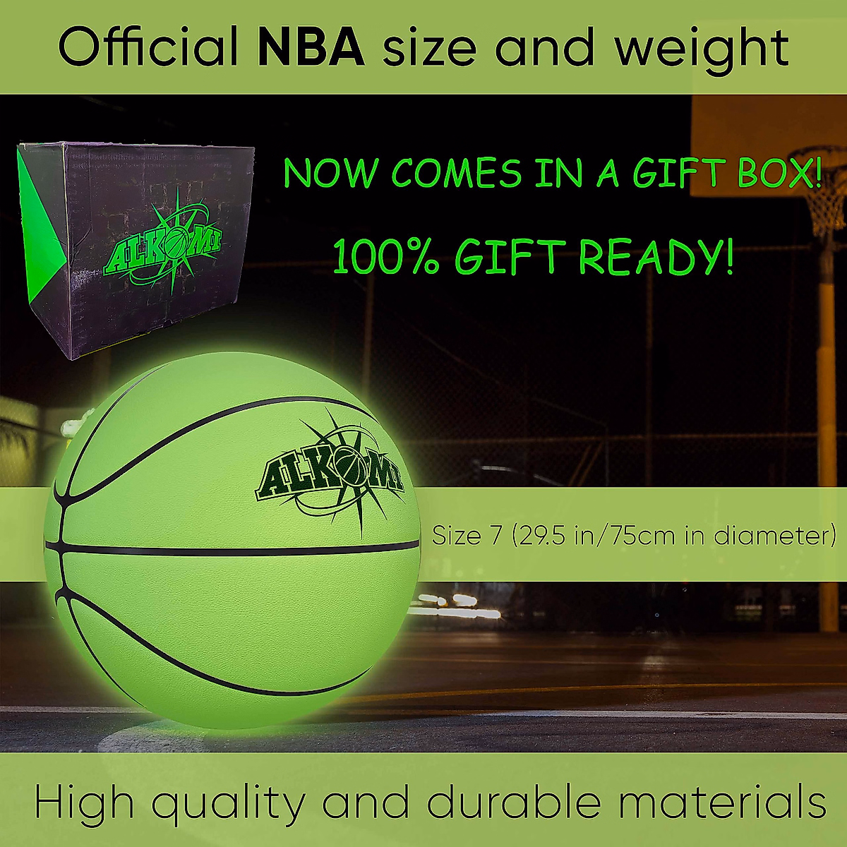 ALKOMI Glow in The Dark Basketball, Light Up Basketball, LED Night Reflective Glowing Holographic Basketball Ball, Basketball Gifts for Boys and Girls, Light Up Balls for Kids