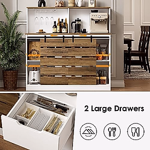 HOSTACK Farmhouse Coffee Bar Cabinet, 47" Sideboard Buffet Cabinet with Storage, Barn Doors Wine Bar Cabinet, Kitchen Buffet Table with Drawers|Adjustable Shelves for Dining Room, Kitchen, White