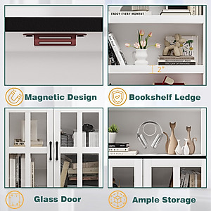 LUMIINOFAMI Bookshelf with Cabinet, 68.9'' Book Shelf with Door 5 Tier Farmhouse Bookshelf with Glass Window, Wood Bookcase Bookshelves Kitchen Pantry for Living Room Home Office Kitchen (White)