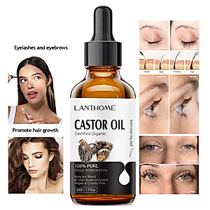 Lanthome Organic Castor Oil Cold Pressed Certified (1.7 Floz with Eyelash Kit), Black Castor Oil for Eyelashes, Eyebrows & Skin Moisturizer, Hair Growth Oil Hexane Free