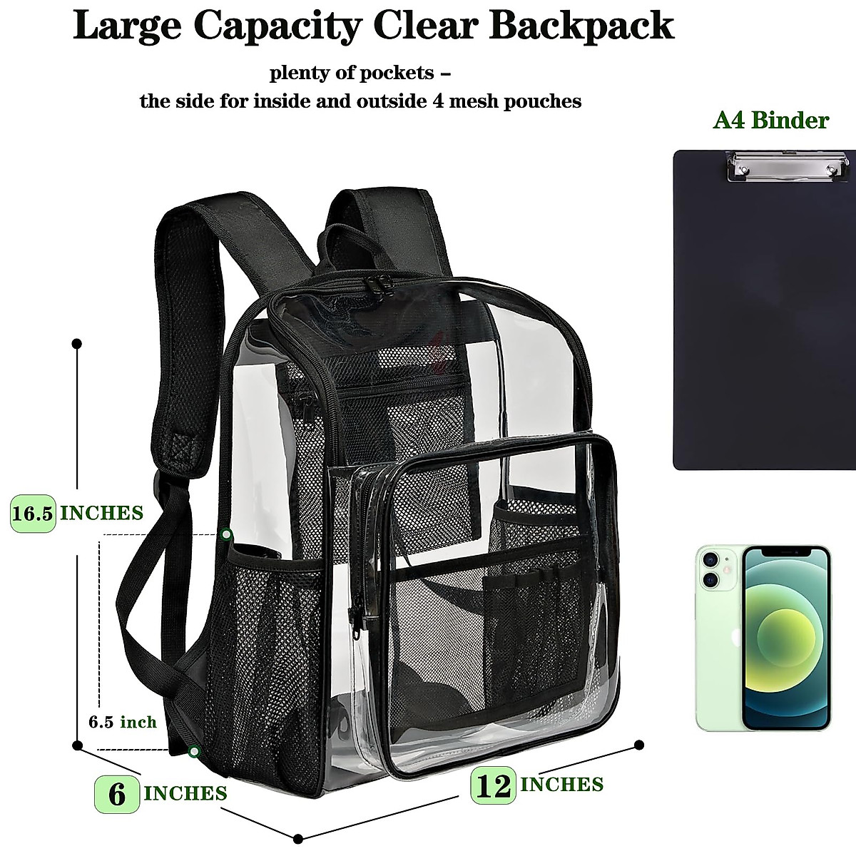 KUI WAN Clear Backpacks for School Large Clear Bookbag with Multi-Pockets PVC Transparent Backpack for College,Clear Black
