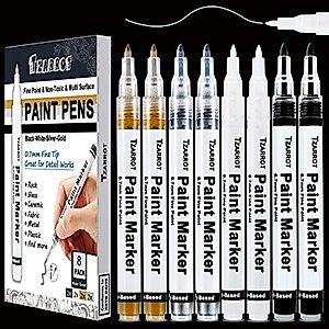 White Paint Pen, 8 Pack 0.7mm Acrylic Paint Pens with 2 White 2 Black 2 Gold 2 Silver Paint Pen Permanent Marker for Wood Rock Fabric Metal Plastic Ceramic Acrylic Paint Markers Extra Fine Tip