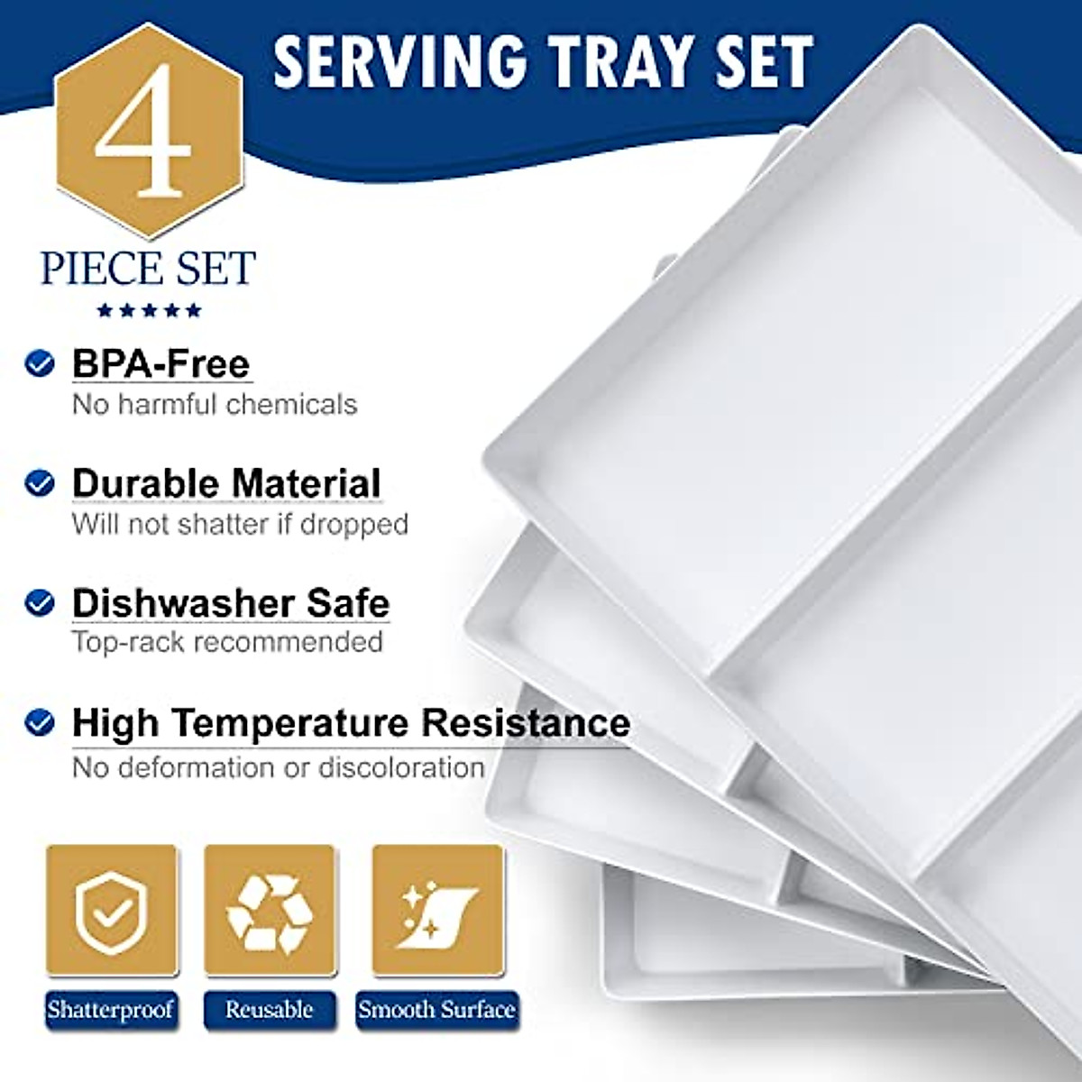 4 Pack, 16" x 11", 3-Section Large White Serving Trays Set - Reusable Plastic Serving Platters for Party Food, Cookie, Appetizer, Charcuterie, Snack, Dessert Display, Stackable Kitchen Dish, BPA Free