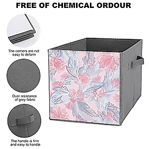 DamTma Romantic Feathers Collapsible Storage Cubes Red Grey Pink Pattern 10.6 Inch Fabric Storage Bins Storage Cubes with Handles Basket Storage Organizer for Clothes Pet Toys