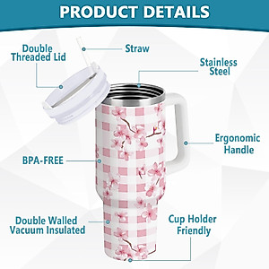 ALAZA Cute Cherry Flowers Plaid 40 oz Tumbler Water Bottle with Straw Lid and Handle,Reusable Insulated Stainless Steel Cup for Women Men Travel Car Cup Holder
