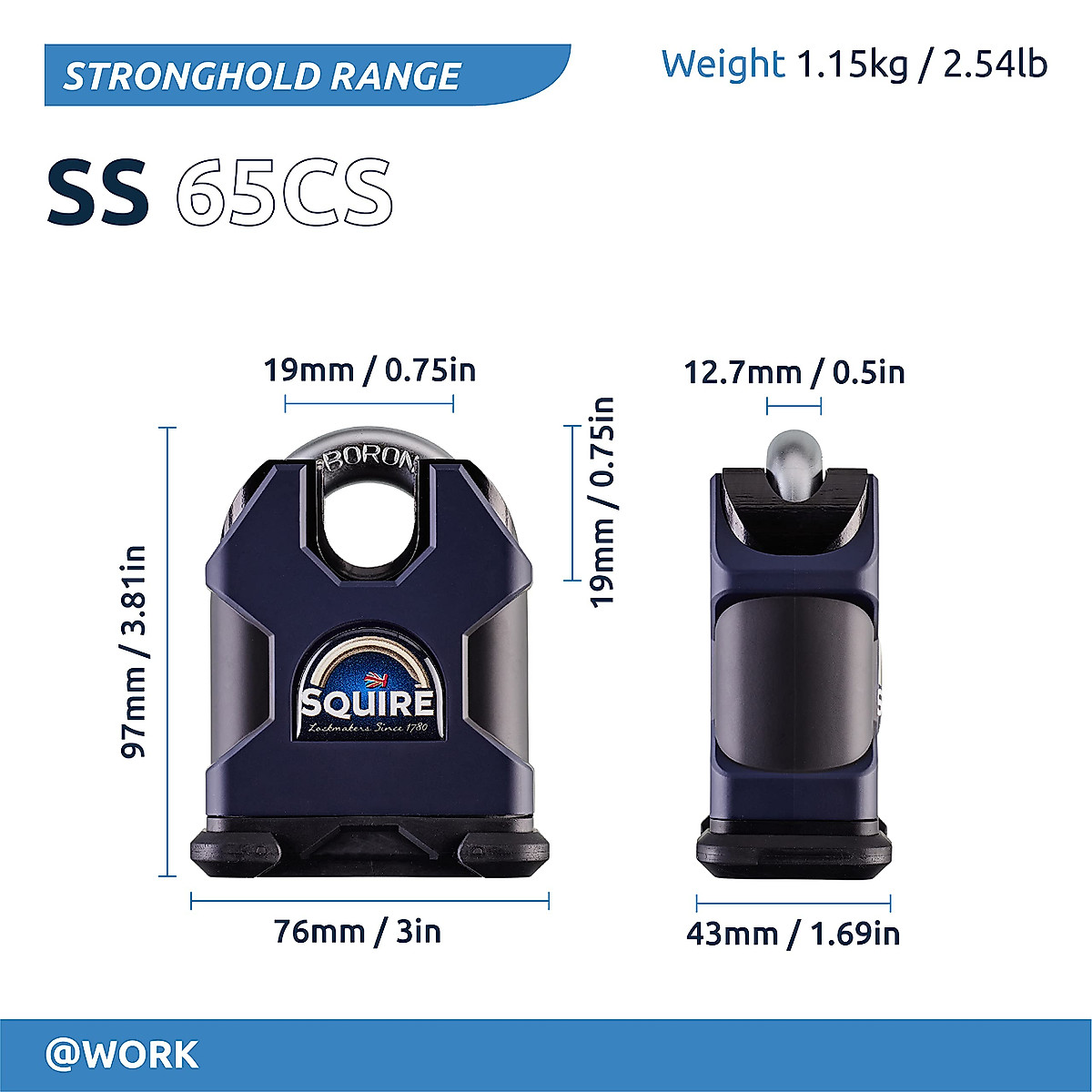 Henry Squire SS65CS Stronghold 6 Pin S Cylinder Closed Shackle Steel Padlock, 65 mm (Length), Black/Blue