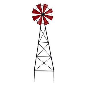 glitzhome 44" H Metal Wind Spinner Yard Stake, Ornamental Windmill Decor Weather Vane Weather Resistant for Home Outdoor Yard Lawn Garden Farm Backyard, Red