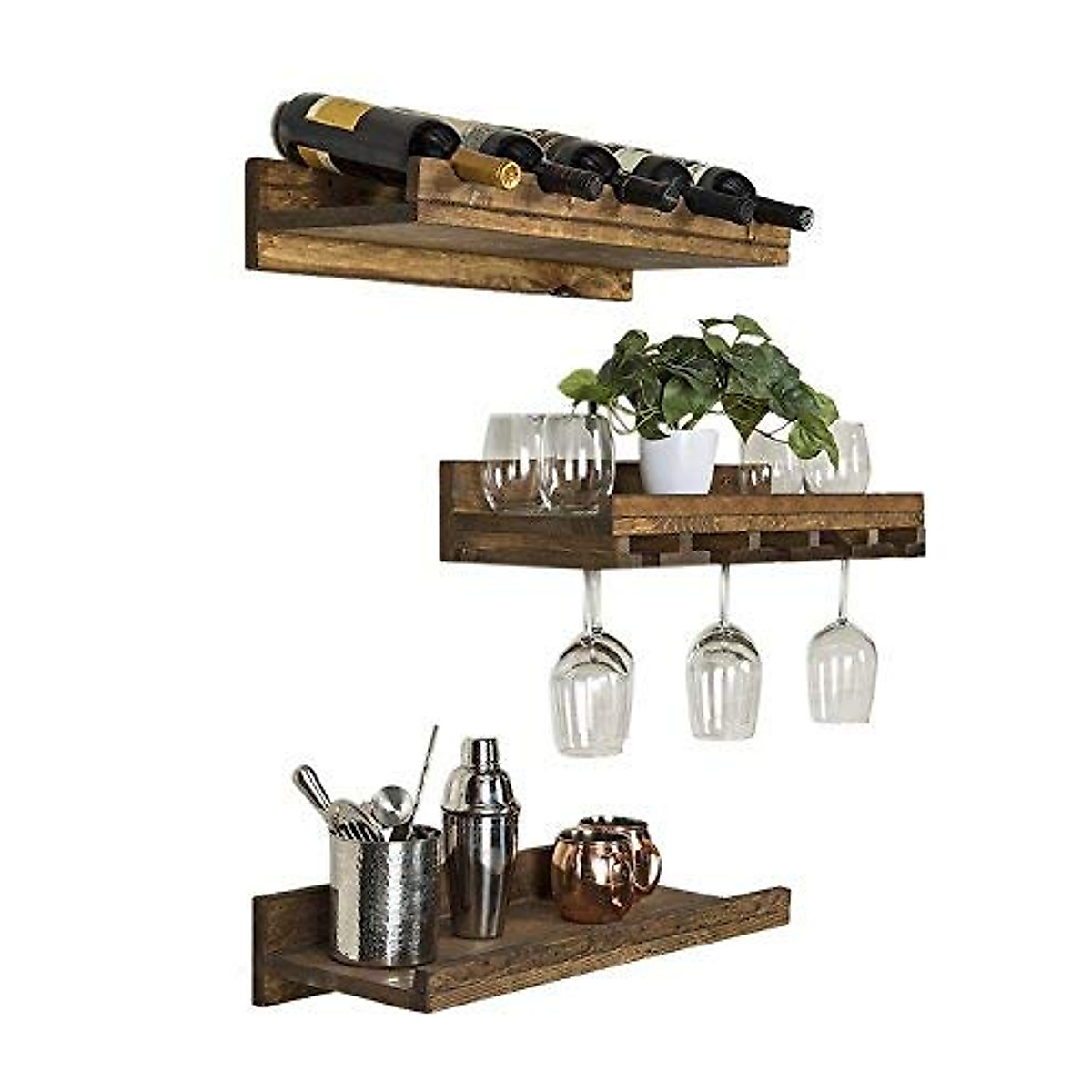 Rustic Handmade Wall Mounted 24" Three Tiered Solid Wood Wine Bottle & Stemware Shelves Complete Set of 3 (Dark Walnut)