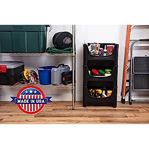 Mighty Tuff Jumbo Stackable Storage Bins, Pack of 3, Easy-Access Storage, Large Easy-To-Grip Handles, Wide Front Opening, Interlocking, Stack Vertically, Black