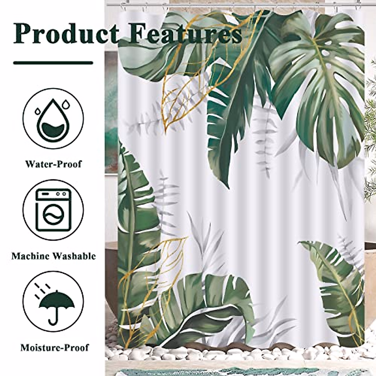 ZYLLGLOW Green Turtleback Leaf Shower Curtain Set Boho Plant Shower Curtain Set with Rugs, Abstract Bathroom Decor Accessories Bathroom Set with Shower Curtain and Rugs Leaves Curtain Set