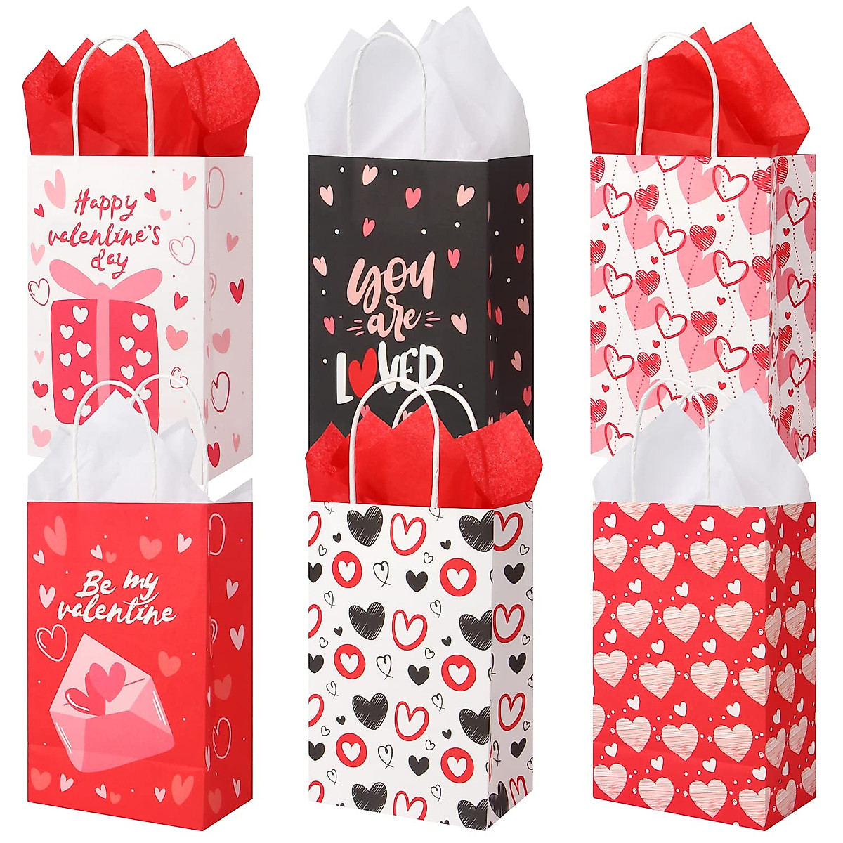 DERAYEE Valentines Day Gift Bags with Handle, 24 Pack Heart Bags with Tissue Paper Medium Valentines Kraft Paper Wrapping Bags for Valentines Party Favors