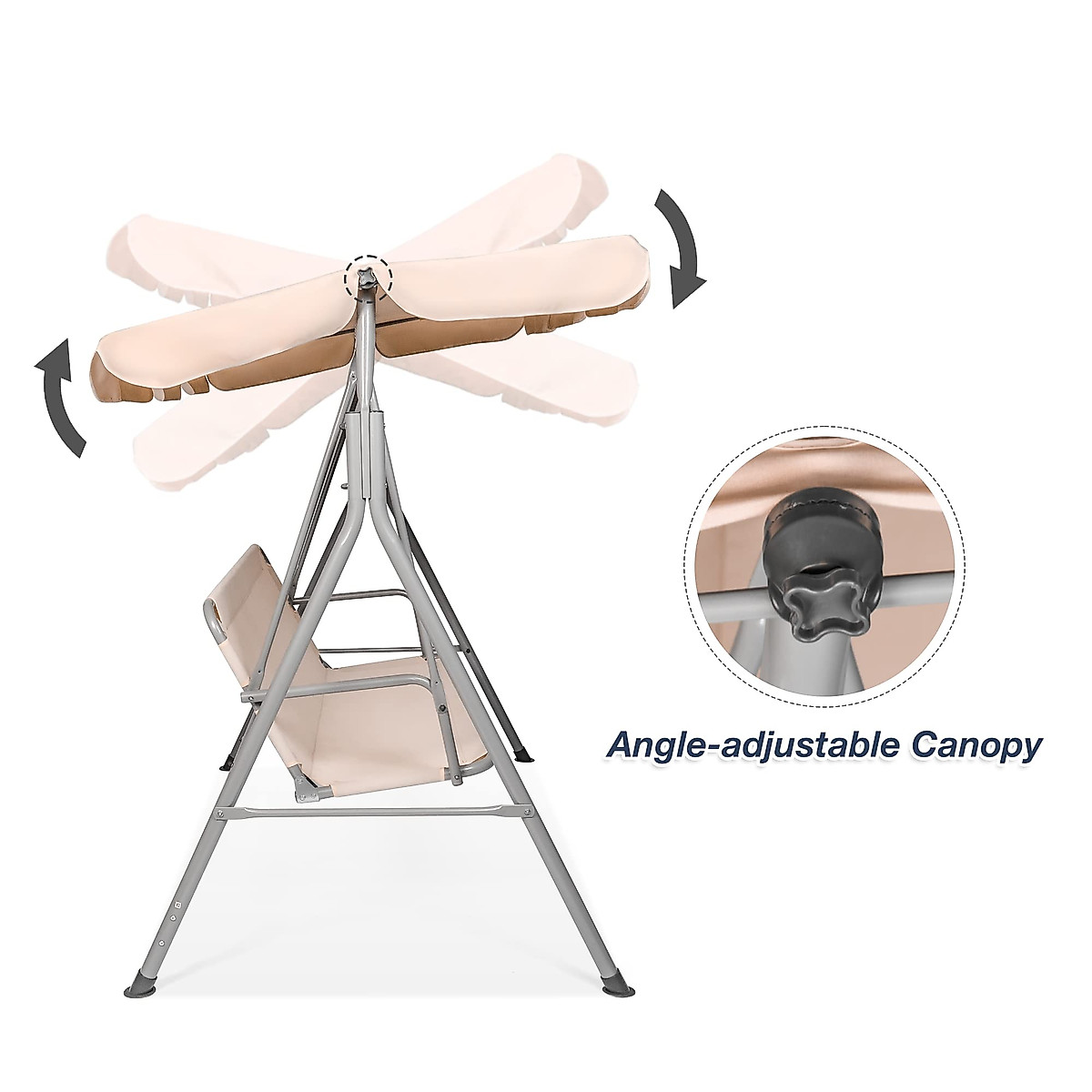 Vilobos Outdoor Patio Swing Chair, Porch Swing Bench with Adjustable Canopy&Duracble Metal Stand, Patio Swing Set for Backyard, Porch and Garden, Beige