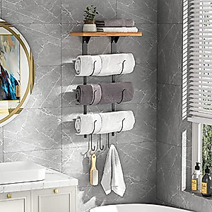 Towel Racks for Bathroom, Towel Holder for Bathroom Wall, Holder Storage with Wooden Shelf and 3 Hooks for Large Small Towels,Yoga Mat Foam Roller
