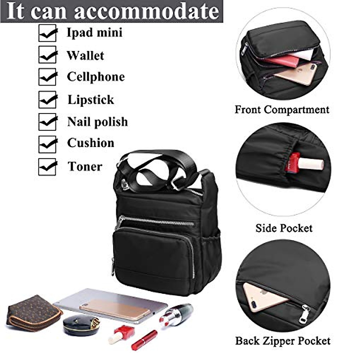 VOLGANIK ROCK Small Nylon Crossbody Bags for Women Multi Pocket Pocketbook Shoulder Bag Ladies Lightweight Purse and Handbags