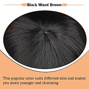 Ucubb Black Mixed Brown Wig for Black Women 14 Inch Short Wavy Hair Wigs Curly Bob Wig with Bangs Wigs Shoulder Length Wigs for Black Women Bob Style Synthetic Heat Resistant Bob Wigs