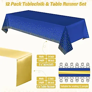12 Pack Blue and Gold Tablecloth and Table Runner Party Decorations, Royal Blue and Gold Plastic Disposable Tablecloth and Satin Table Runner for Wedding Birthday Bridal Graduation Anniversary Party
