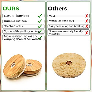 Mason Jar Lids with Straw Hole, Regular Mouth Bamboo Lids for Beer Can Glass, ECO Reusable Natural Mason Jar Leak Proof Tops with 10 Stainless Steel Straw and Brush - 10 Pcs