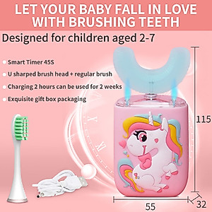 RZM Kids Automatic Sonic Toothbrush- 2 Ergonomic U-Shaped Toothbrush and 1 Regular Brush Head, Six Modes for 360° Sensitive Oral Tooth Cleaning(Pink Unicorn)