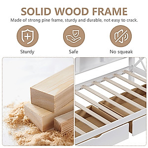 HUMEHA Full House Bed with Roof and 2 Storage Drawers for Kids, Wooden Full Size Bed Frame with Storage Shelves Guardrails and Wood Slats for Boys Girls,No Box Spring Required, White