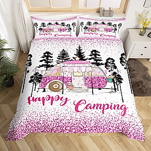 Feelyou Camper Duvet Cover Twin Size with 1 Pillow Case Happy Camping Duvet Cover Set Pink RV Camping Bedding Set Cartoon Cat Comforter Cover for Boys Girls Kids Adults