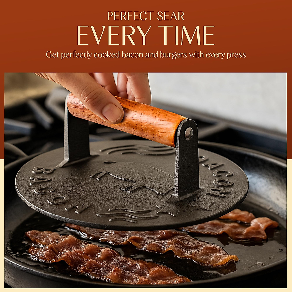Bellemain Cast Iron Grill Press, Heavy-duty bacon press with Wood Handle, 8.5-Inch Round