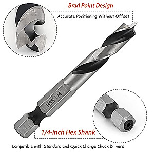 Saipe 6pcs 1/4" Quick Change Hex Shank Wood Brad Point Stubby Short Drill Bit Set HSS 4241 Woodworking Drill for Right Angle Drill and Used in Tight Spaces