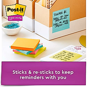 Post-it Super Sticky Notes, 4x4 in, 6 Pads, 2x the Sticking Power, Supernova Neons, Bright Colors, Recyclable (675-6SSMIA)