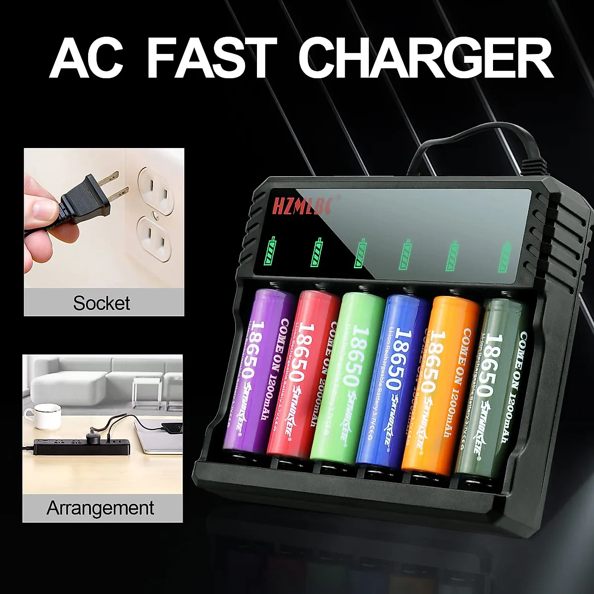 18650 Battery Charger Universal Smart Charger with LED Indicator for Flashlight Headlamp Batteries Compatible 3.7V Li-ion 26650 18500 14500 Rechargeable Batteries Charger (Only 6-Slot AC Charger)