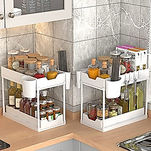 2 Pack Under Sink Organizers and Storage 2-Tier Double Sliding Pull-out Drawer, SDXYSTCE Multi-purpose Under Sink Organizer for Kitchen and Bathroom with 4 Hooks, 2 Hanging Cup,White