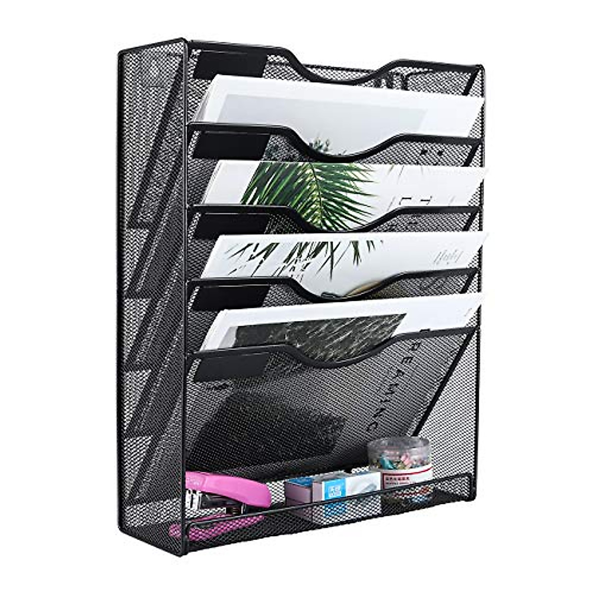 EasyPAG Mesh Wall Hanging File Organizer Holder 5 Tier Vertical Pocket Magzine Rack with Tray | Sides Closed ,Black